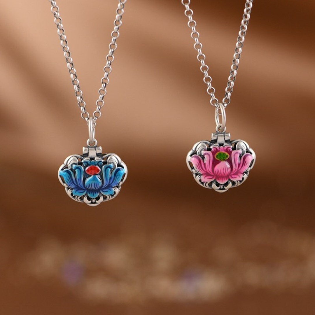 Sterling Silver Locket Pendant, Flower Lotus Locket Pendant, Enamel ...