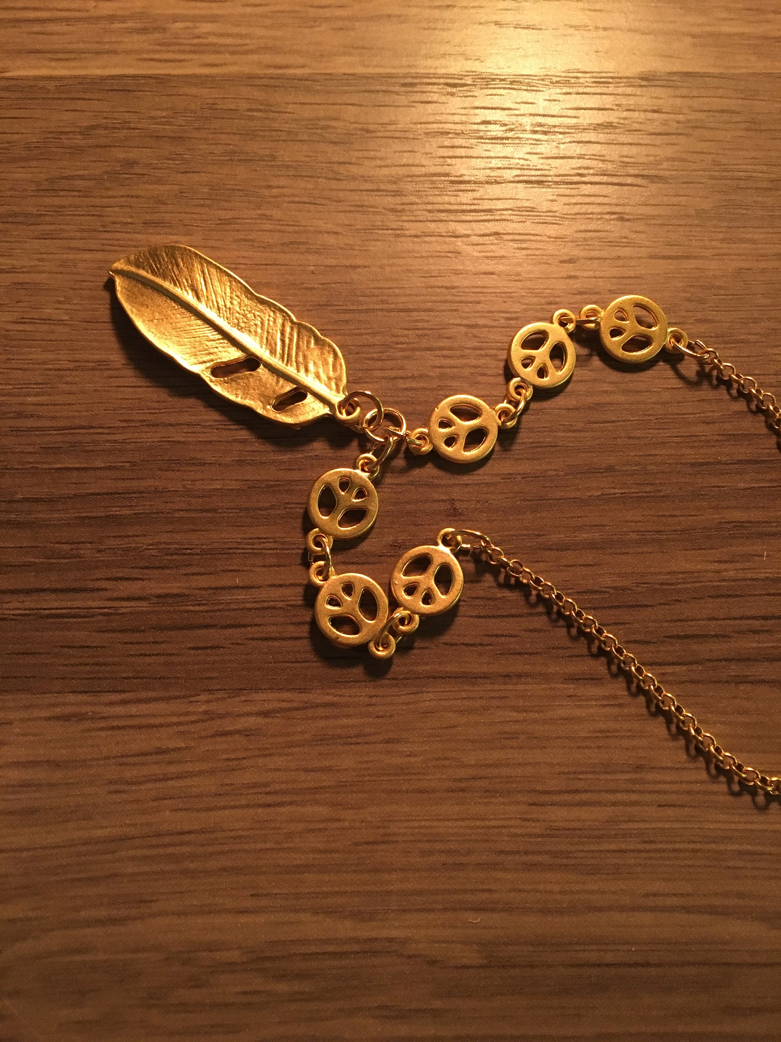 Peace Peace Peace Chain With Feather Pendant Gold Colored - Etsy