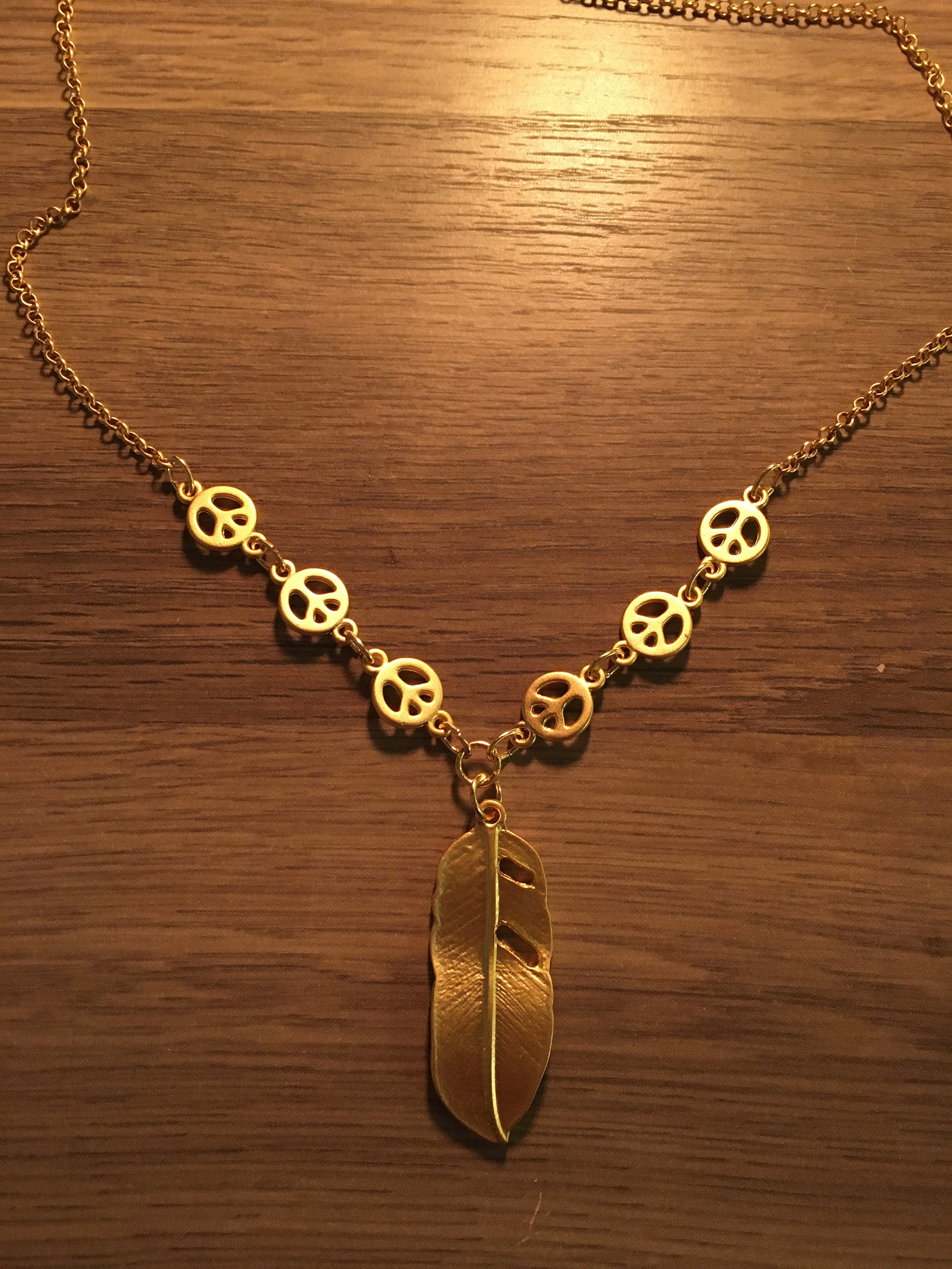Peace Peace Peace Chain With Feather Pendant Gold Colored - Etsy