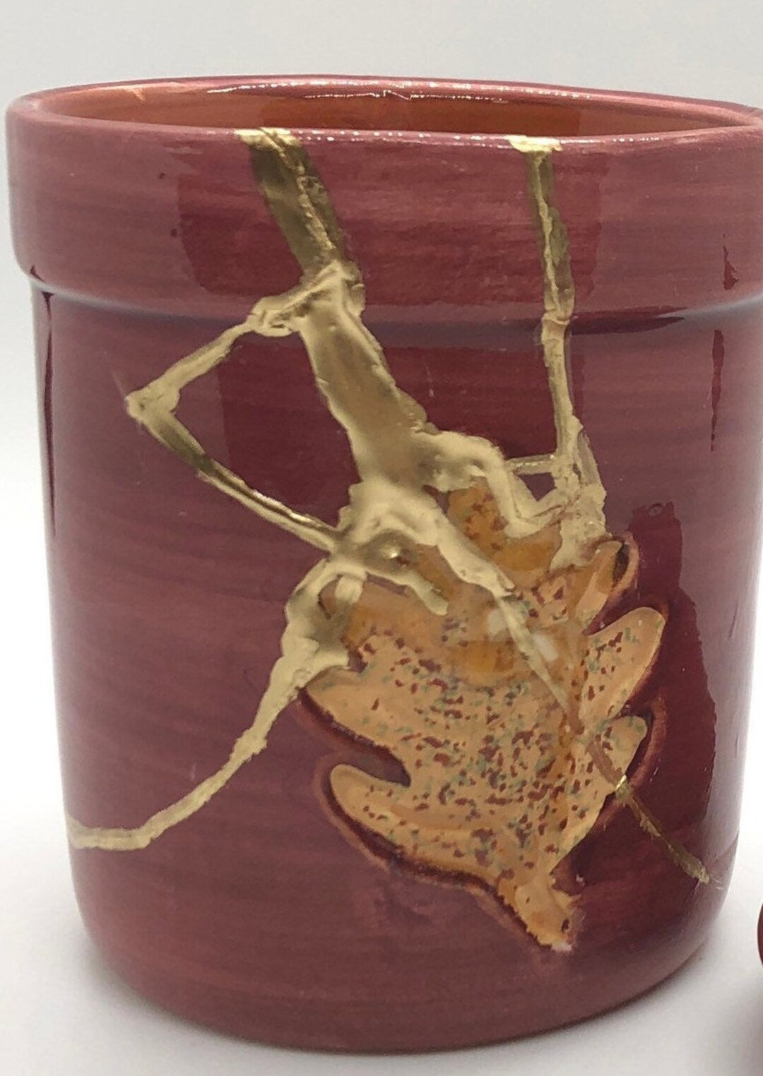Kintsugi Gold Repaired Ceramic Pot With Leaf Pattern Peachy - Etsy