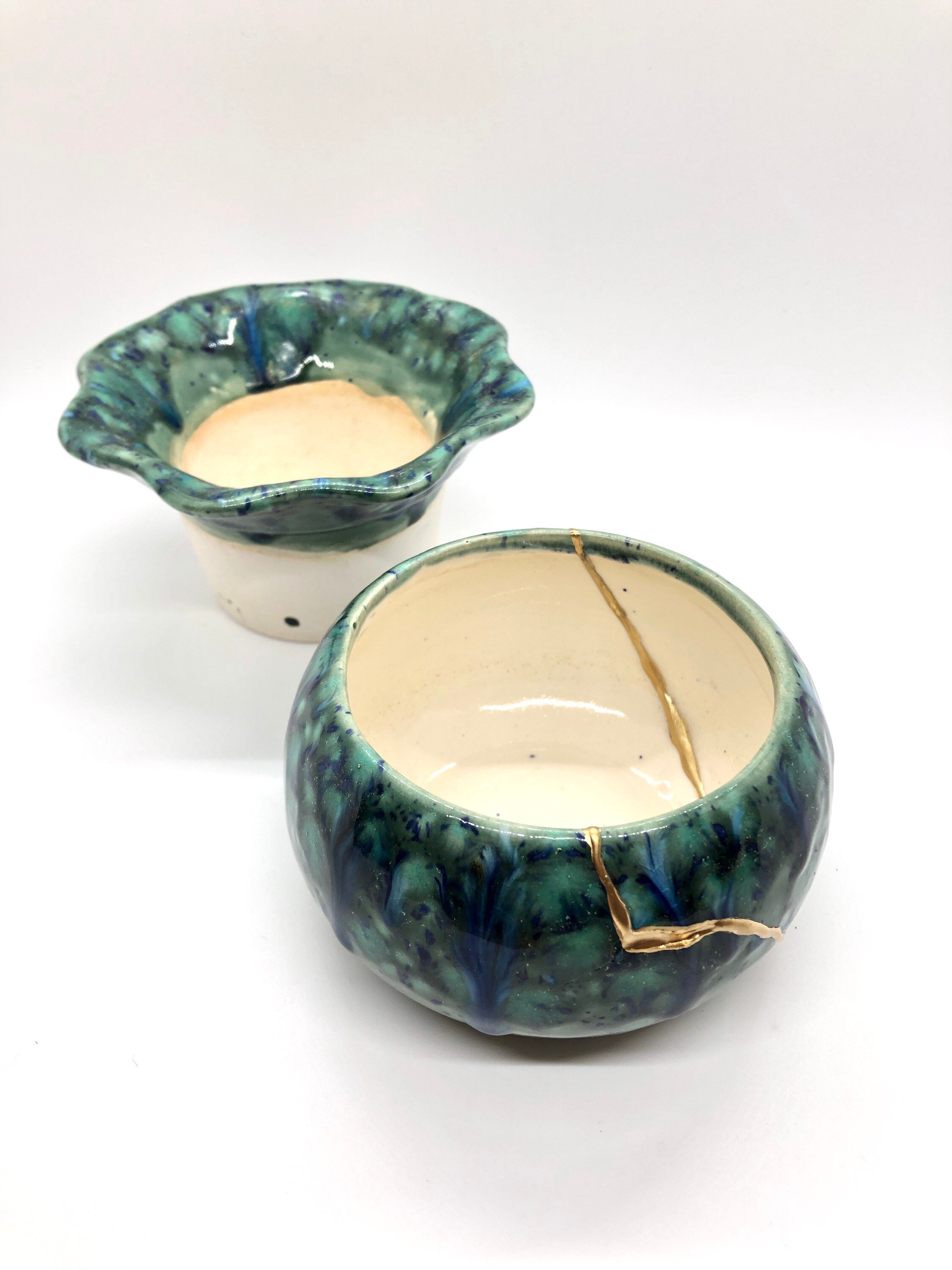 Kintsugi Teal Green/blue | 2-piece Functional Plant Pot | Home Office ...