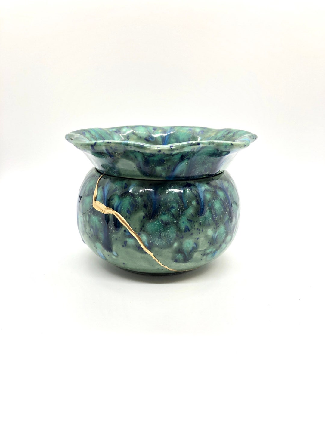 Kintsugi Teal Green/blue | 2-piece Functional Plant Pot | Home Office ...