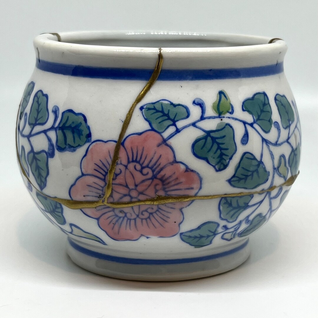 Kintsugi Repaired Ceramic Pot - Chinese Pink Flower - Kintsukuroi Gold ...