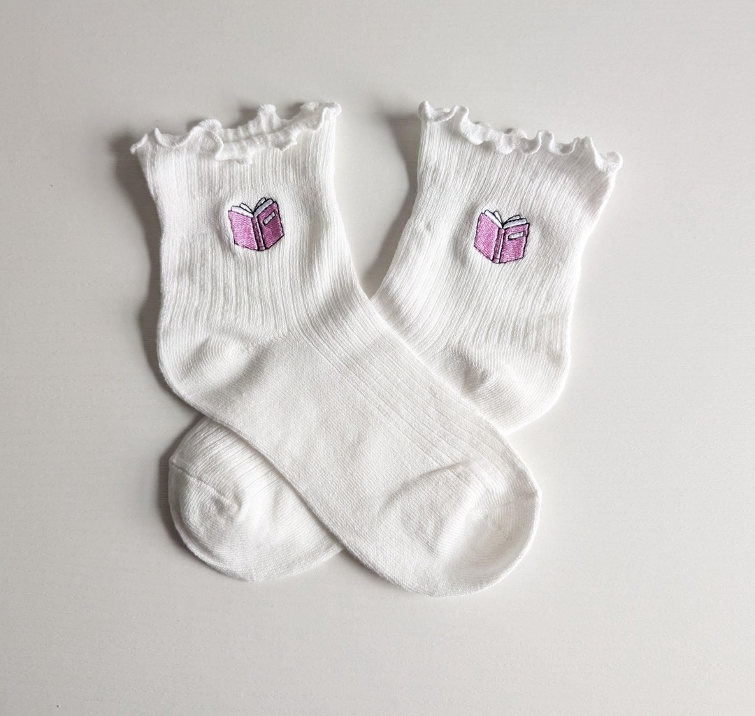 Book Socks, Embroidered Ruffle Ankle Socks, Book Lover Gift, Cute Socks ...