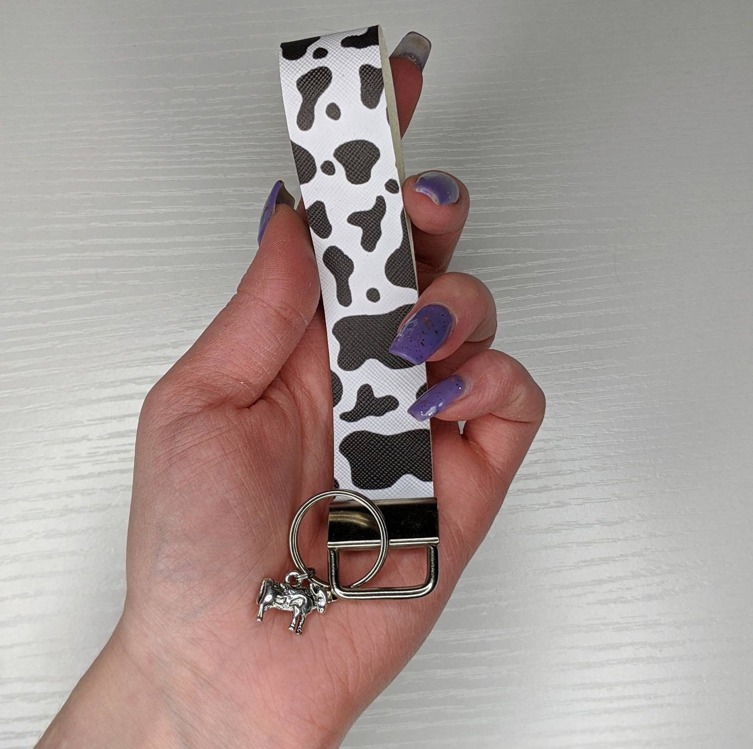 Cow Print Wristlet Keychain With Cow Charm Faux Leather Key | Etsy
