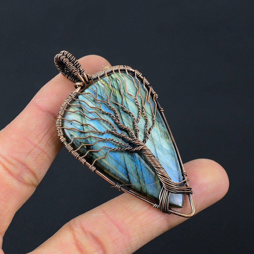 Natural Tree of Life Labradorite Gemstone Pendant Oxidized Copper Wire ...