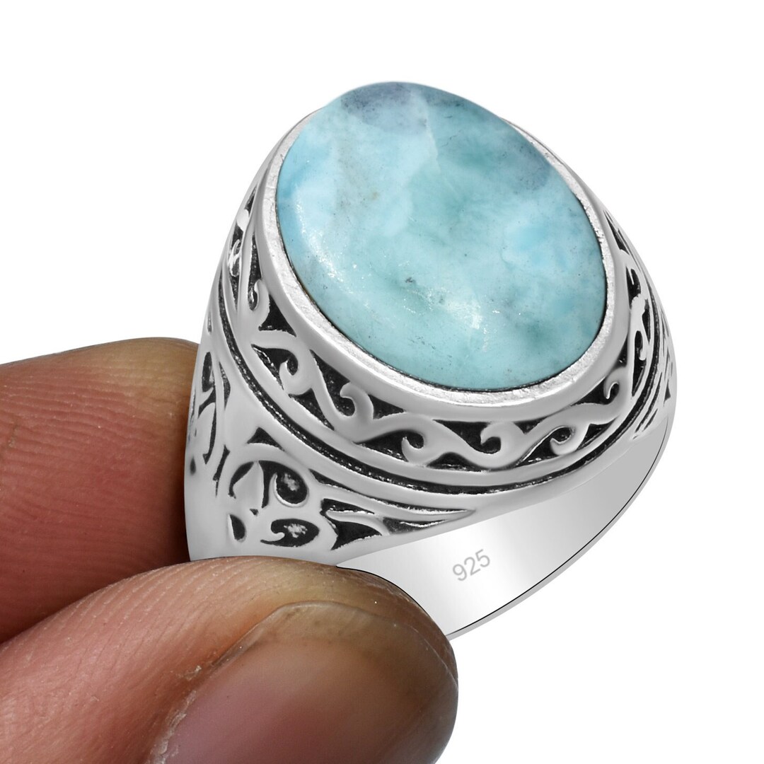Natural Larimar Gemstone Ring 925 Sterling Silver Ottoman Arabic Style ...