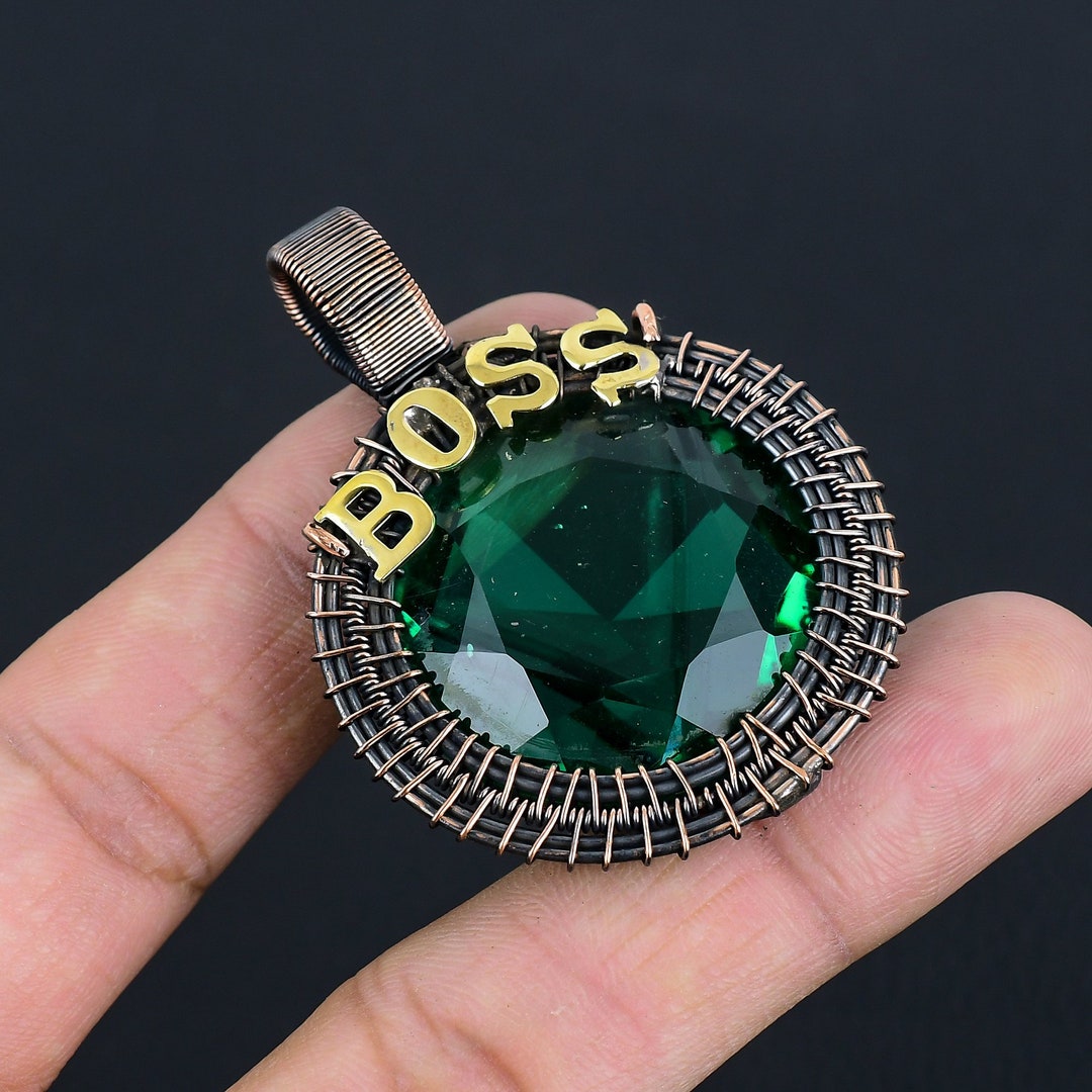 Natural Green Quartz Gemstone Boss Pendant Oxidized Copper Wire Wrapped ...