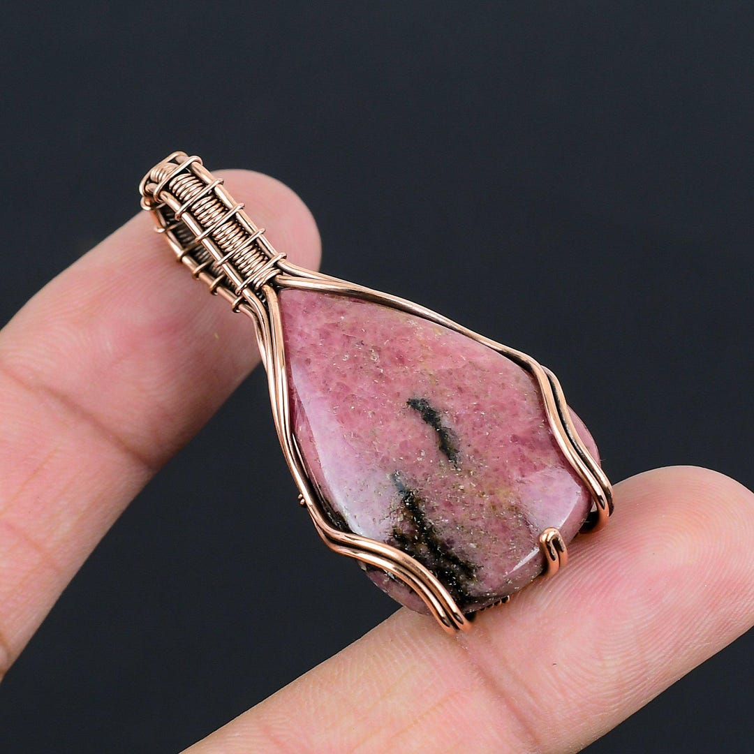 Copper Wire Wrapped Rhodonite Pendant: Pear Shape Gemstone Necklace - Etsy