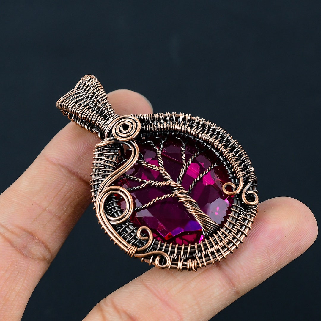 Tree of Life Pink Topaz Gemstone Copper Pendant | Oxidized Copper Wire ...