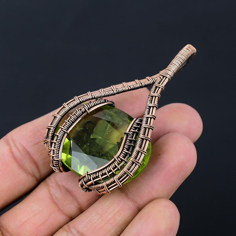 Faceted Peridot Copper Pendant: Oxidized Wire Wrapped Gemstone - Etsy