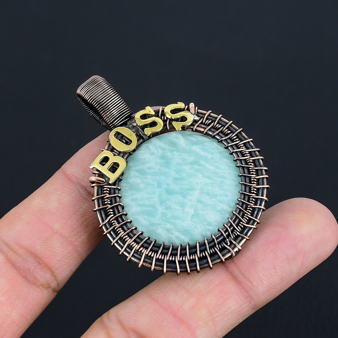 Natural Amazonite Gemstone Boss Pendant Oxidized Copper Wire Wrapped ...