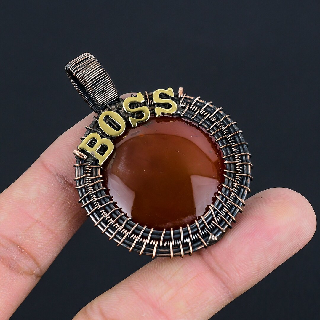 Natural Carnelian Gemstone Boss Pendant Oxidized Copper Wire Wrapped ...