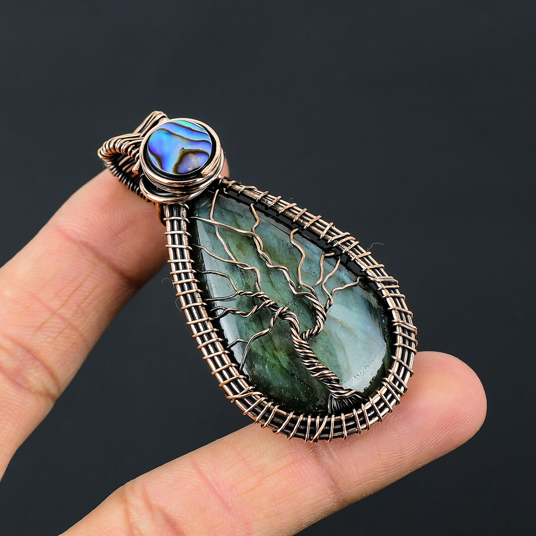 Natural Labradorite With Abalone Shell Gemstone Pendant Oxidized Copper ...