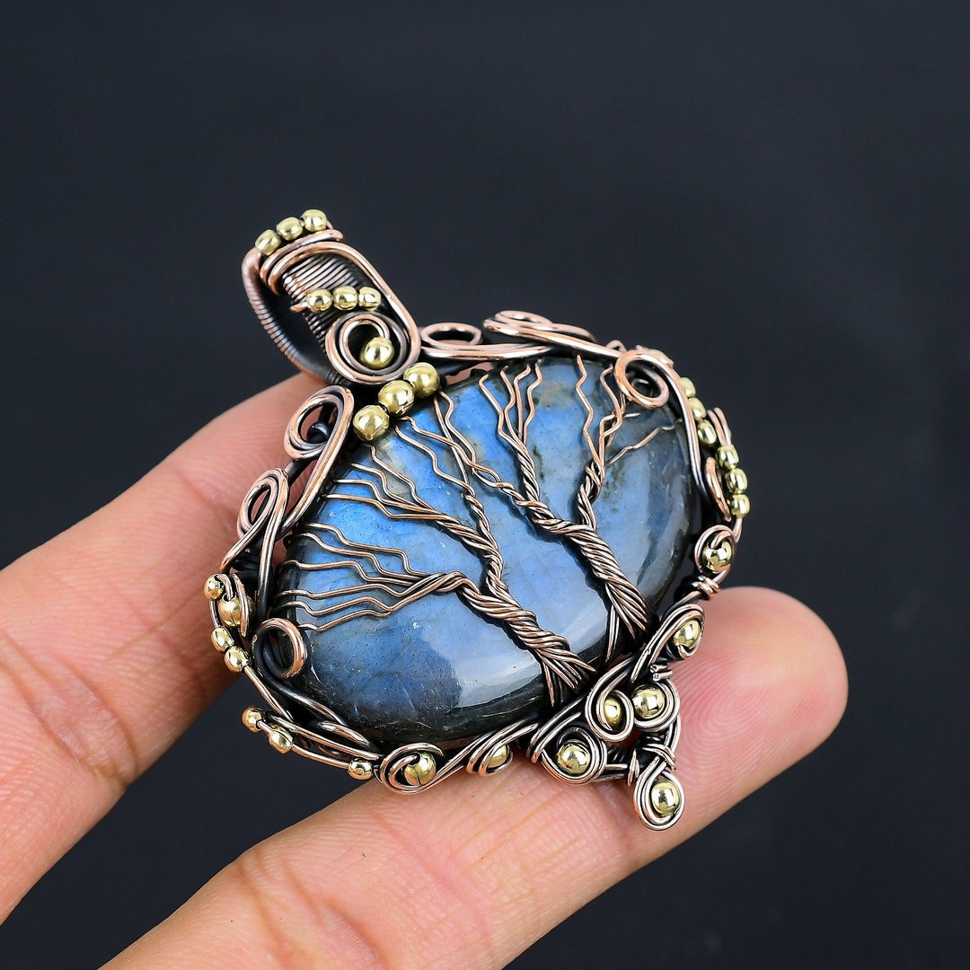 Two Tone Tree of Life Blue Fire Labradorite Gemstone Copper Pendant ...
