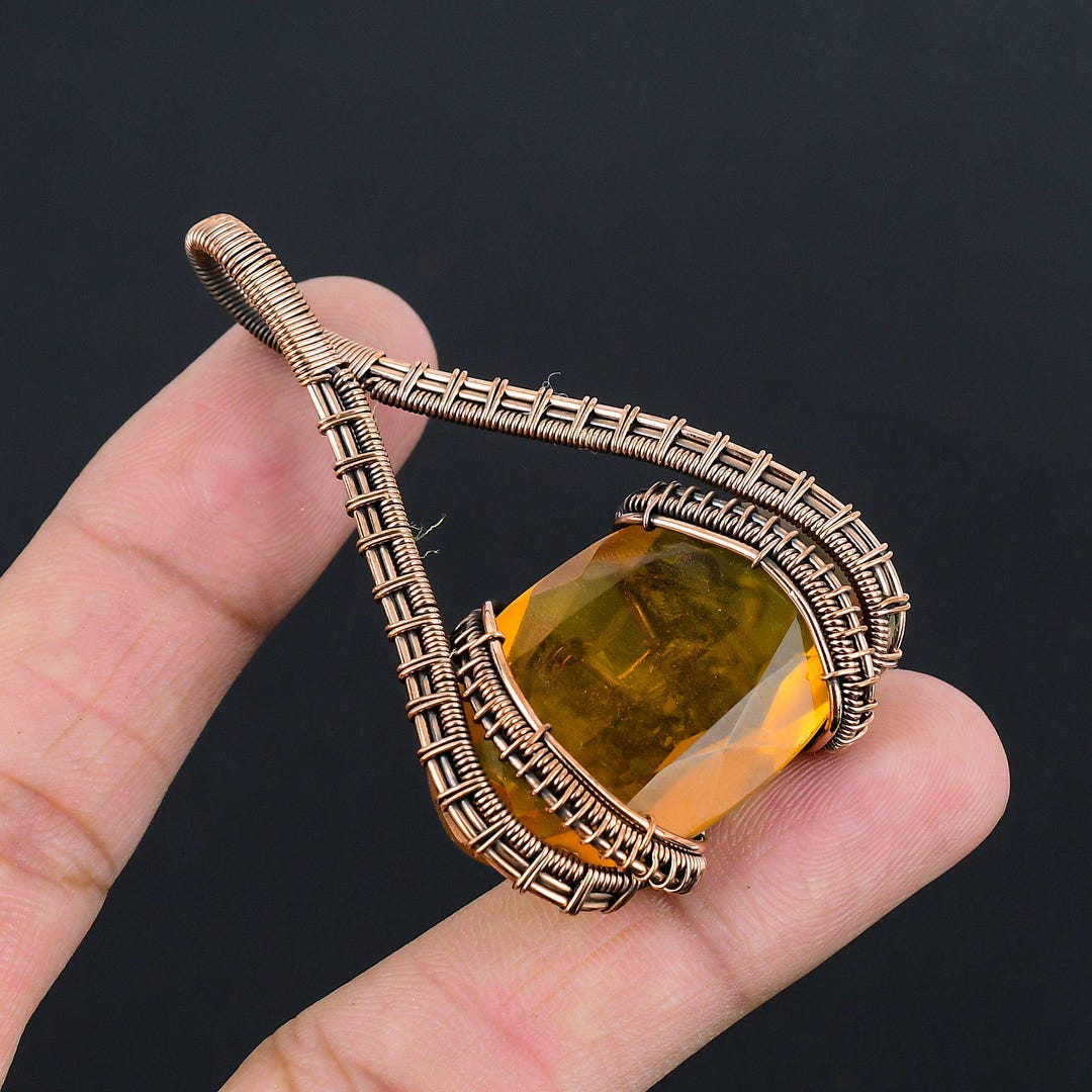 Citrine Copper Gemstone Pendant Oxidized Copper Wire Wrapped Pendant ...