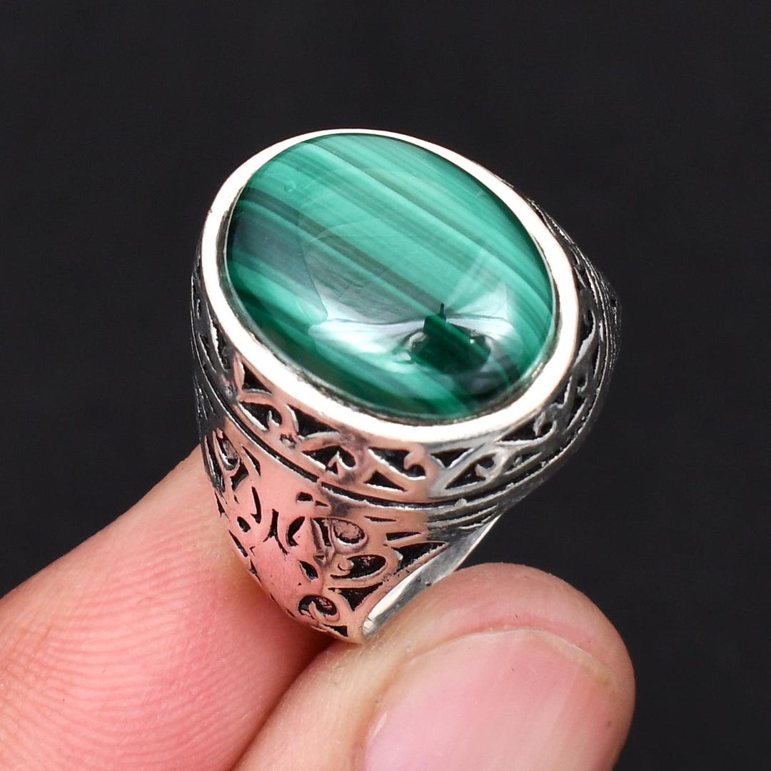Malachite Gemstone Sterling Silver Men's Ring: Ottoman Arabic Style - Etsy