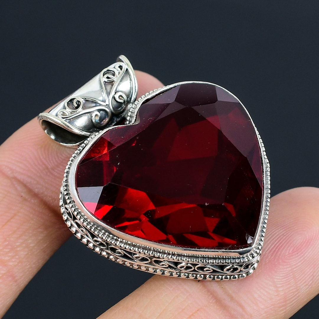 Natural Heart Shape Garnet Gemstone Pendant 925 Sterling Silver Fashion ...