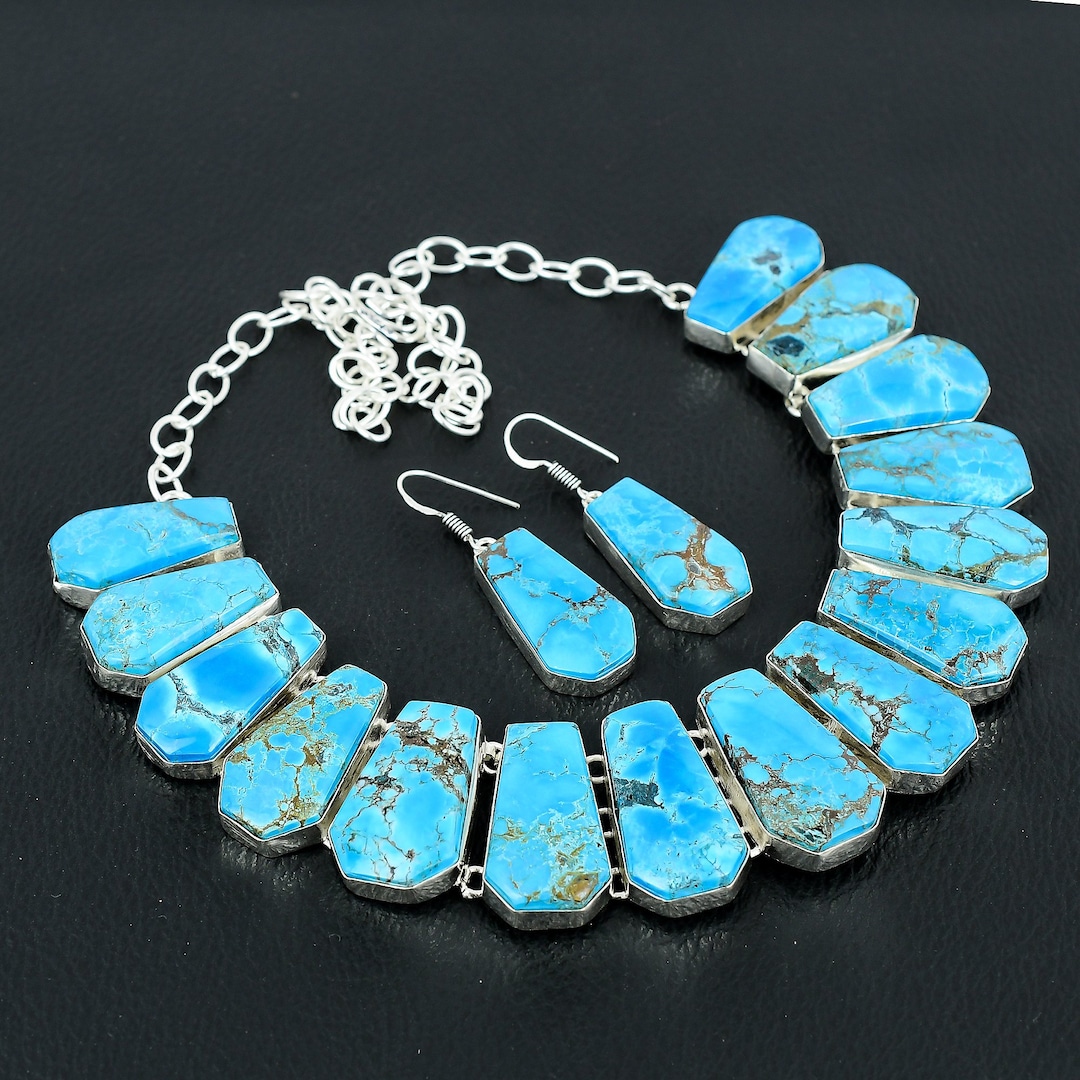 Blue Turquoise Gemstone Silver Necklace Earrings Set | 925 Sterling ...