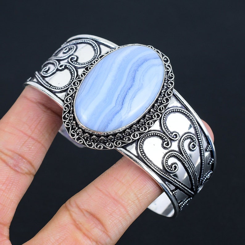 Blue Lace Agate Bangle: Adjustable Sterling Silver Cuff - Etsy