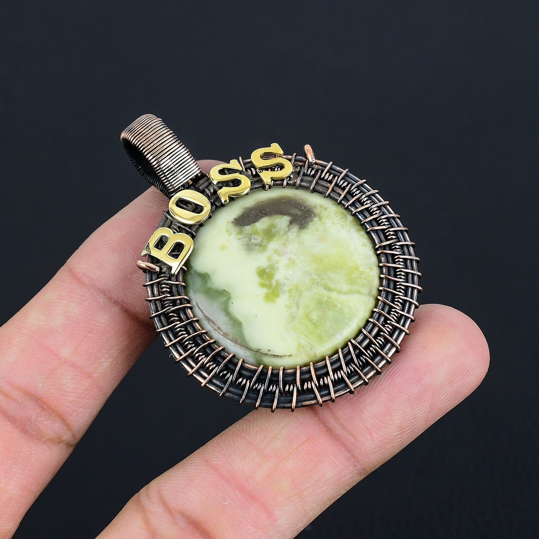Natural Larsonite Gemstone Boss Pendant Oxidized Copper Wire Wrapped ...