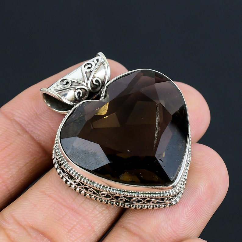 Heart Shape Smoky Quartz Gemstone: 925 Sterling Silver Necklace Pendant ...