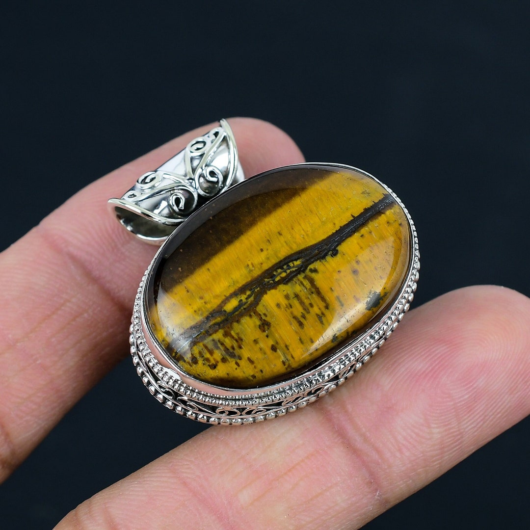 Natural Tiger's Eye Gemstone Pendant, 925 Sterling Silver, Antique ...