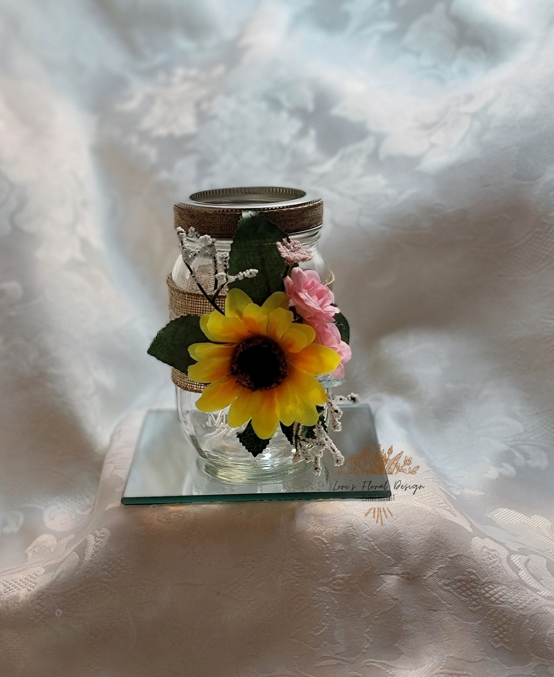 Sunflower & Blush Rose Rustic Glam Mason Jar Centerpiece | Weddings ...