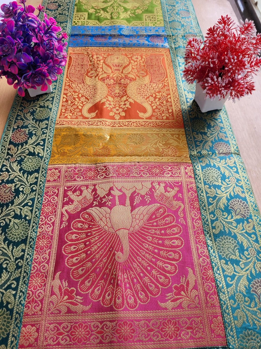 Boho Peacock Silk Brocade Table Runner, Indian Patchwork Decor (16x60 ...