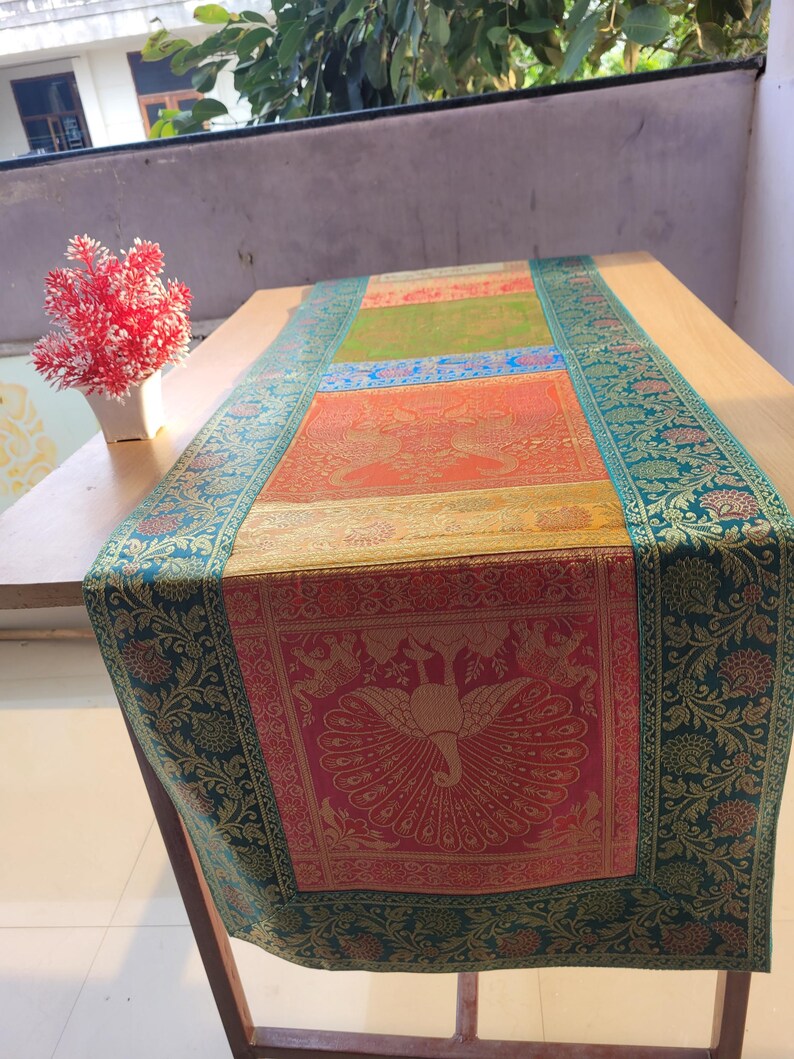 Vintage Style Silk Brocade Table Runner: Peacock Print, Indian Style ...