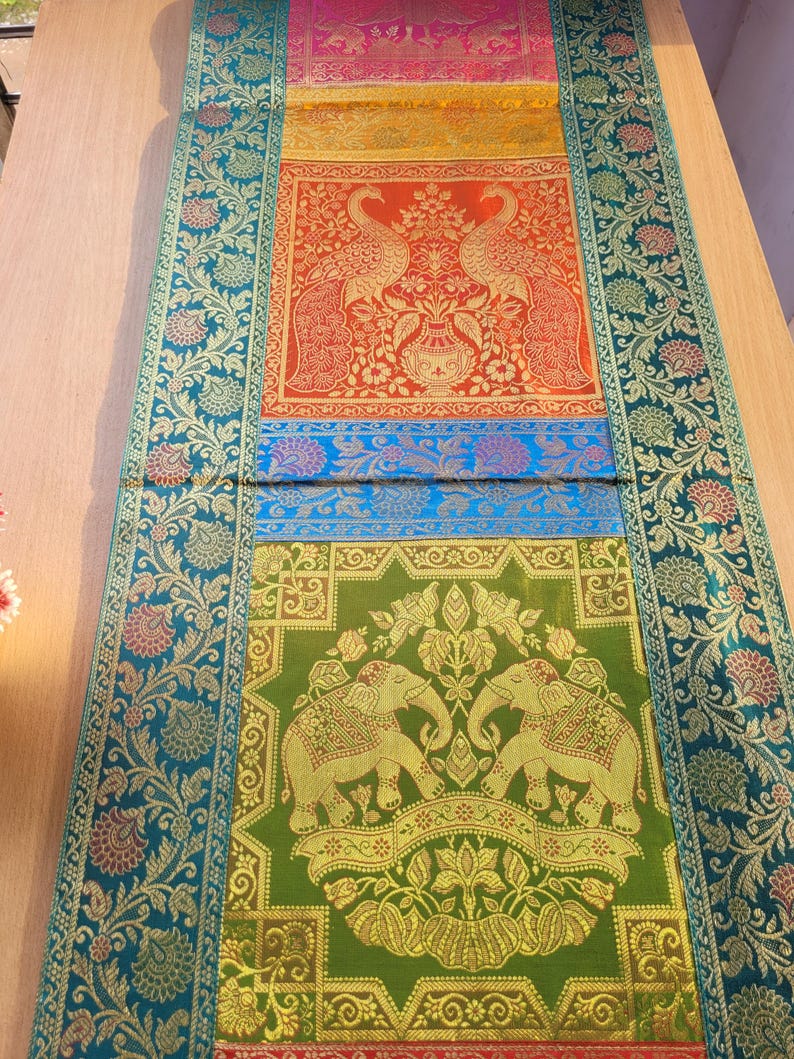 Vintage Style Silk Brocade Table Runner: Peacock Print, Indian Style ...