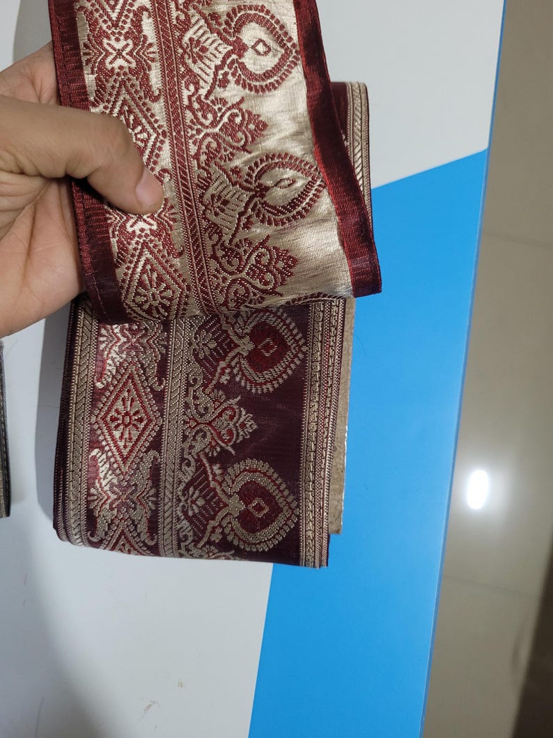 Maroon Silk Brocade Sari Border Lace – 5 Yards Floral Golden Trim ...