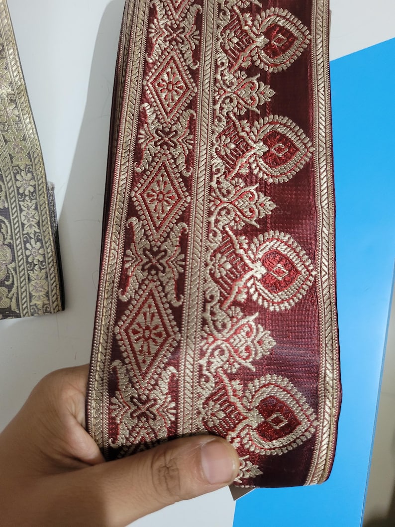 Maroon Silk Brocade Sari Border Lace – 5 Yards Floral Golden Trim ...