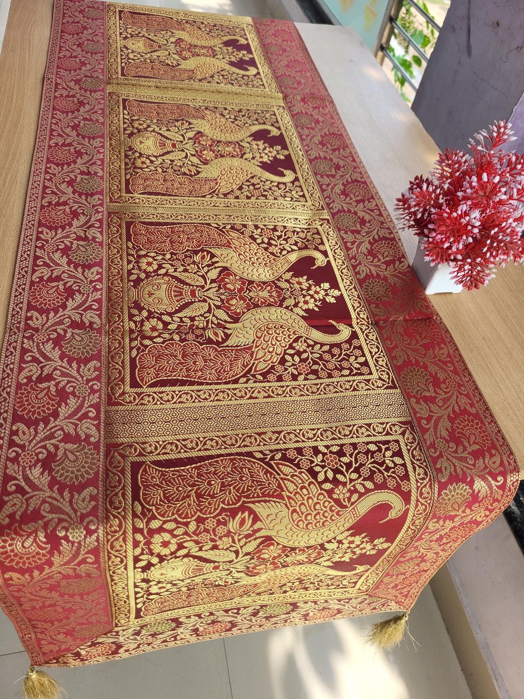Maroon Silk Brocade Table Runner: Peacock Print, Gold Floral Border ...