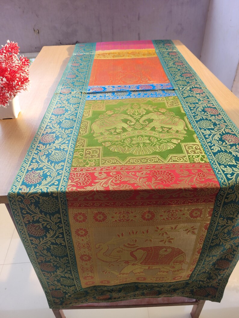 Vintage Style Silk Brocade Table Runner: Peacock Print, Indian Style ...