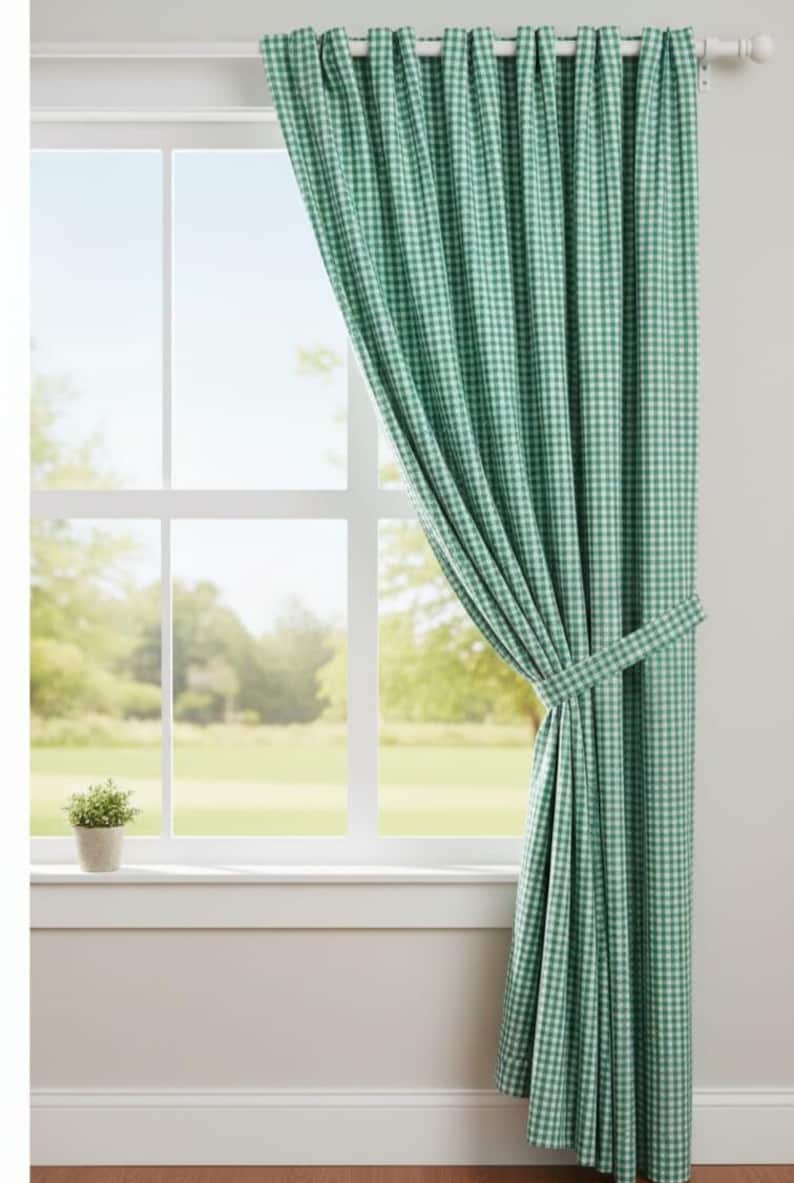 Green Gingham Seersucker Curtain: Farmhouse Cotton Window Panel - Etsy