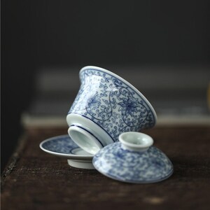 80ml Jingdezhen Blue and White Porcelain Gaiwan,line Drawing Lotus ...