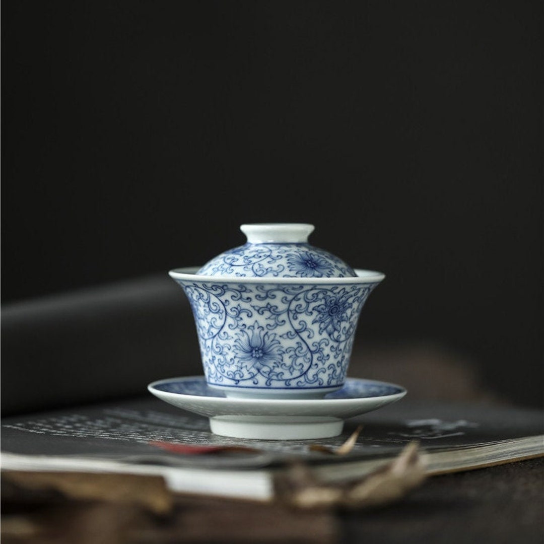80ml Jingdezhen Blue and White Porcelain Gaiwan,line Drawing Lotus ...