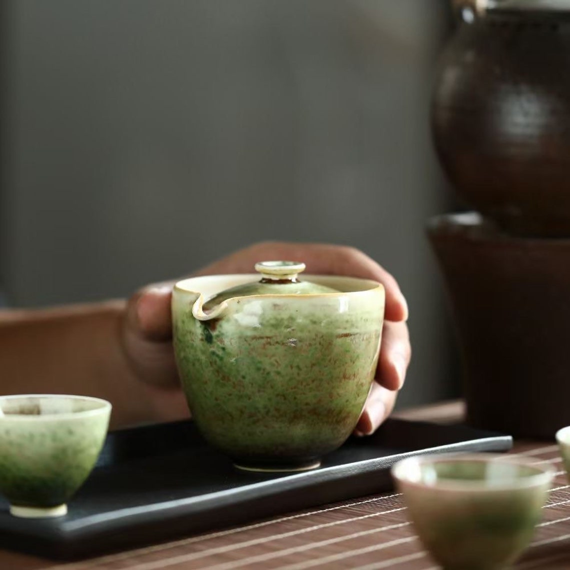 220ml Jingdezhen Handmade Pottery Moss Green Gaiwan With Matched Cups ...