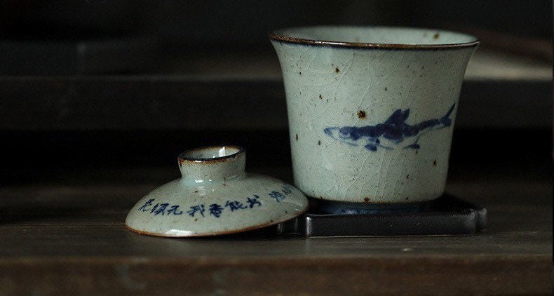 120ml Jingdezhen Hand-painted Fish Qinghua 青花 Pottery Gaiwan - Etsy