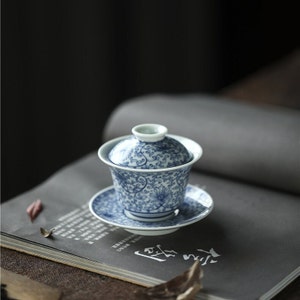 80ml Jingdezhen Blue and White Porcelain Gaiwan,line Drawing Lotus ...