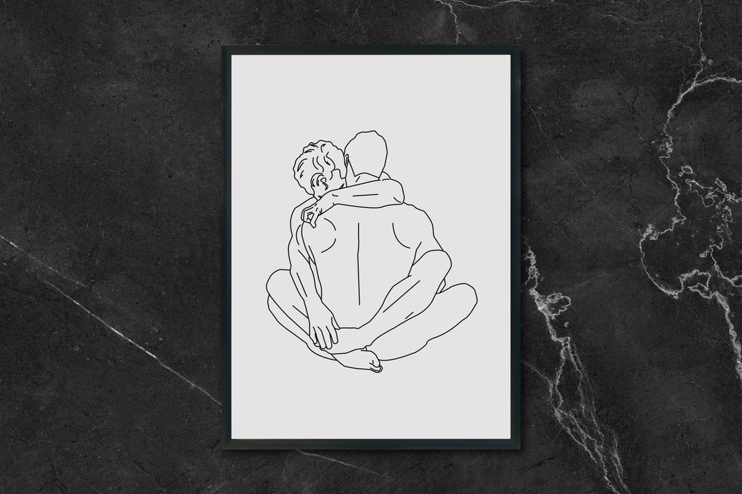 Gay Couple Hugging Line Art Print, Minimal Gay Line Art, Gay Wall Decor ...