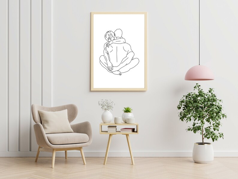 Gay Couple Hugging Line Art Print, Minimal Gay Line Art, Gay Wall Decor ...