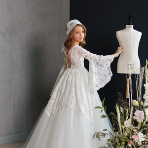 White Lace Communion Dress With Long Flared Lace Sleeves. - Etsy