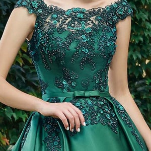 Emerald Satin Dress With 3D Flowers and Beads. Red Dress With a Long ...