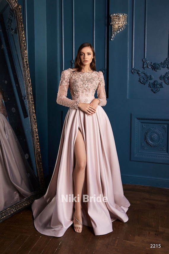 Wonderful satin dress with a scattering of flowers beads and | Etsy