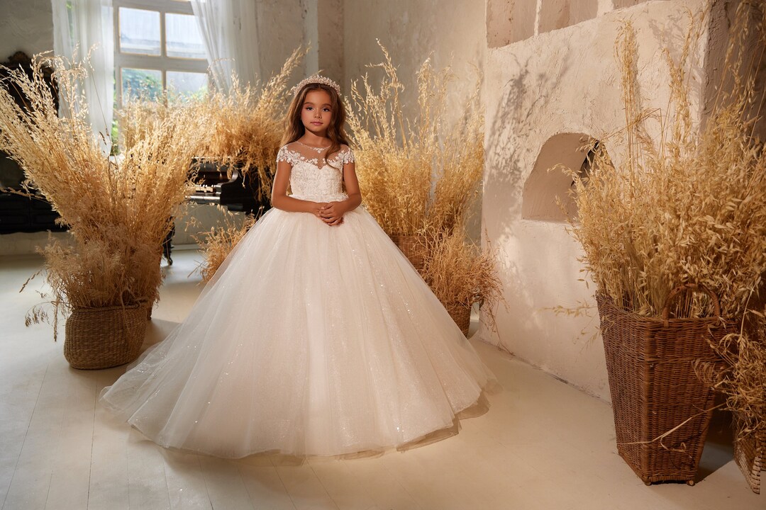 Designer Communion Dress With a Lace Bodice. Flower Girl Shining Dress ...