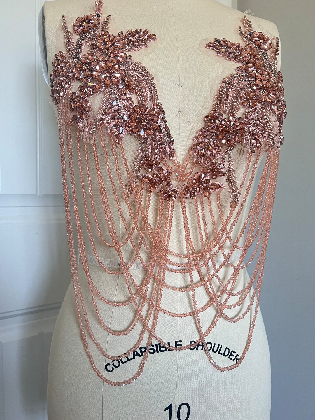 Rose Gold Rhinestone Floral Patch Applique With Beaded Waterfall ...