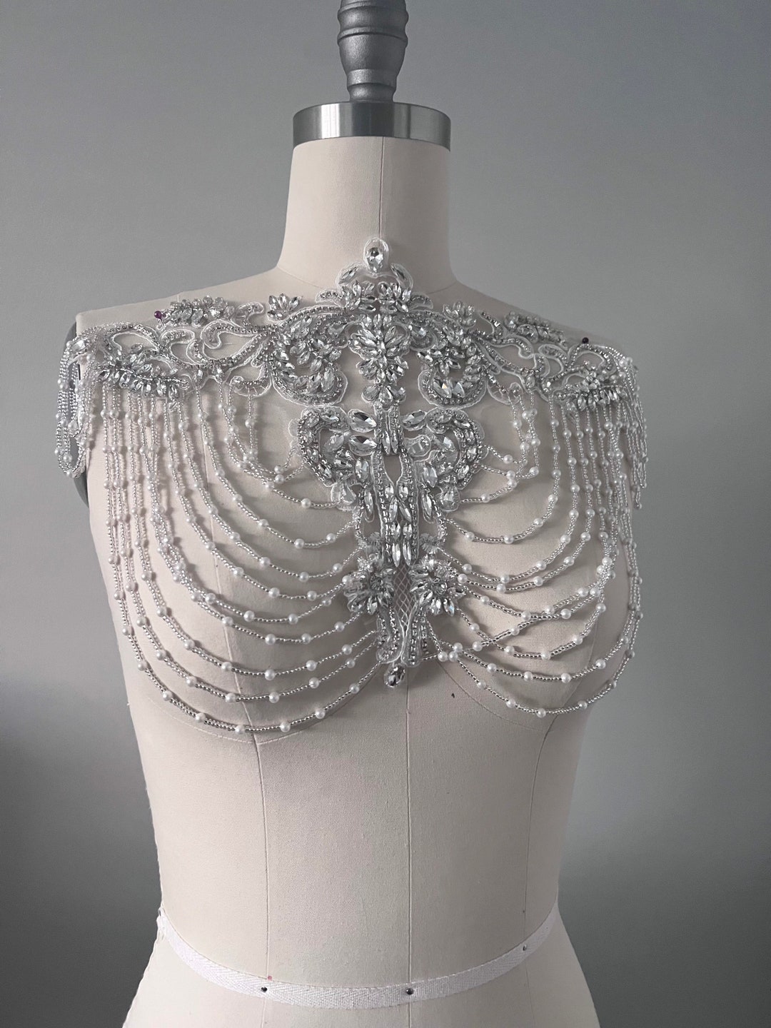 Silver Rhinestone Shoulder Waterfall Chain Appliqué/ Rhinestone & Pearl ...