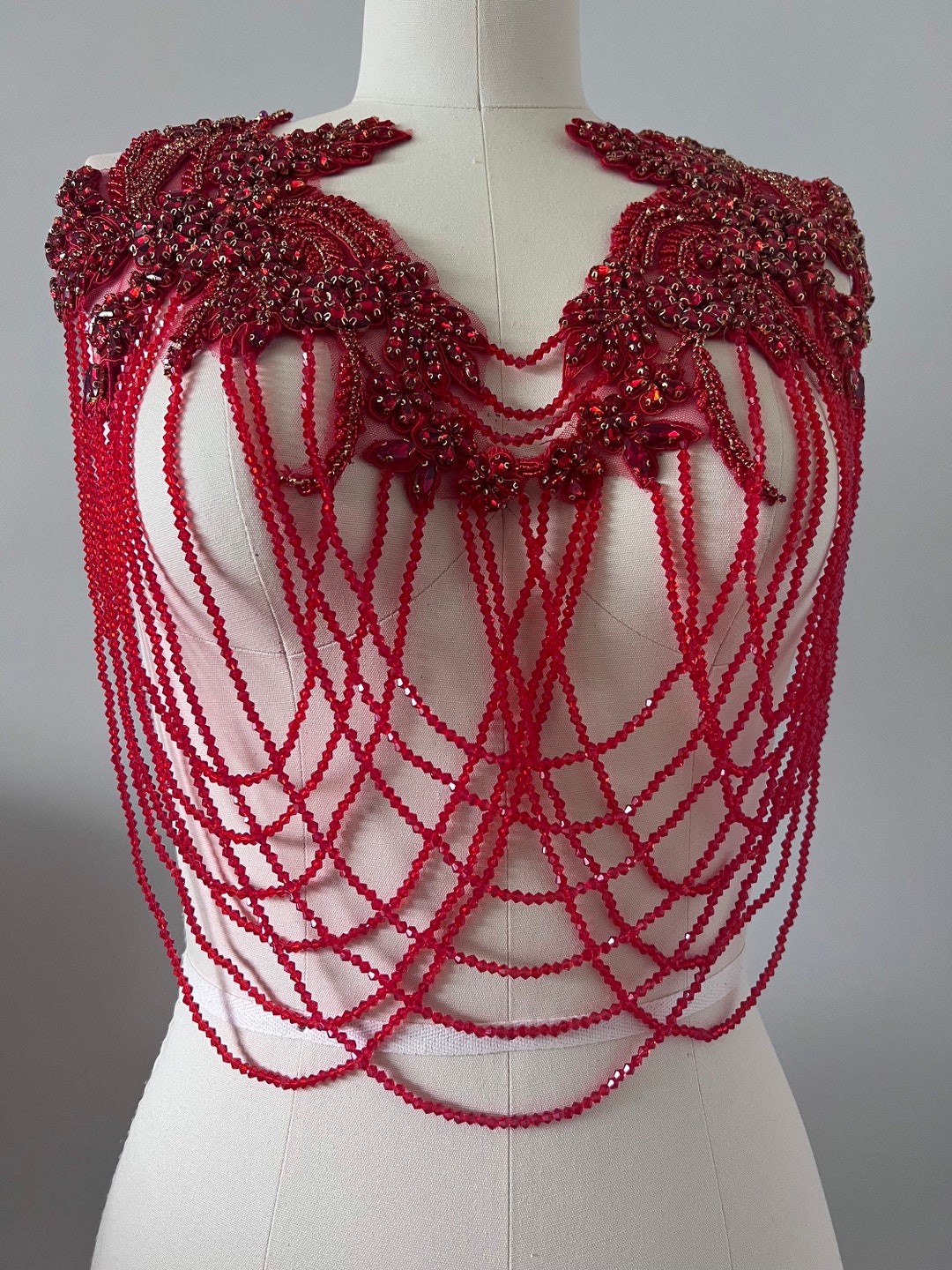 Red Rhinestone Floral Patch Appliqués With Beaded Waterfall Crystal ...